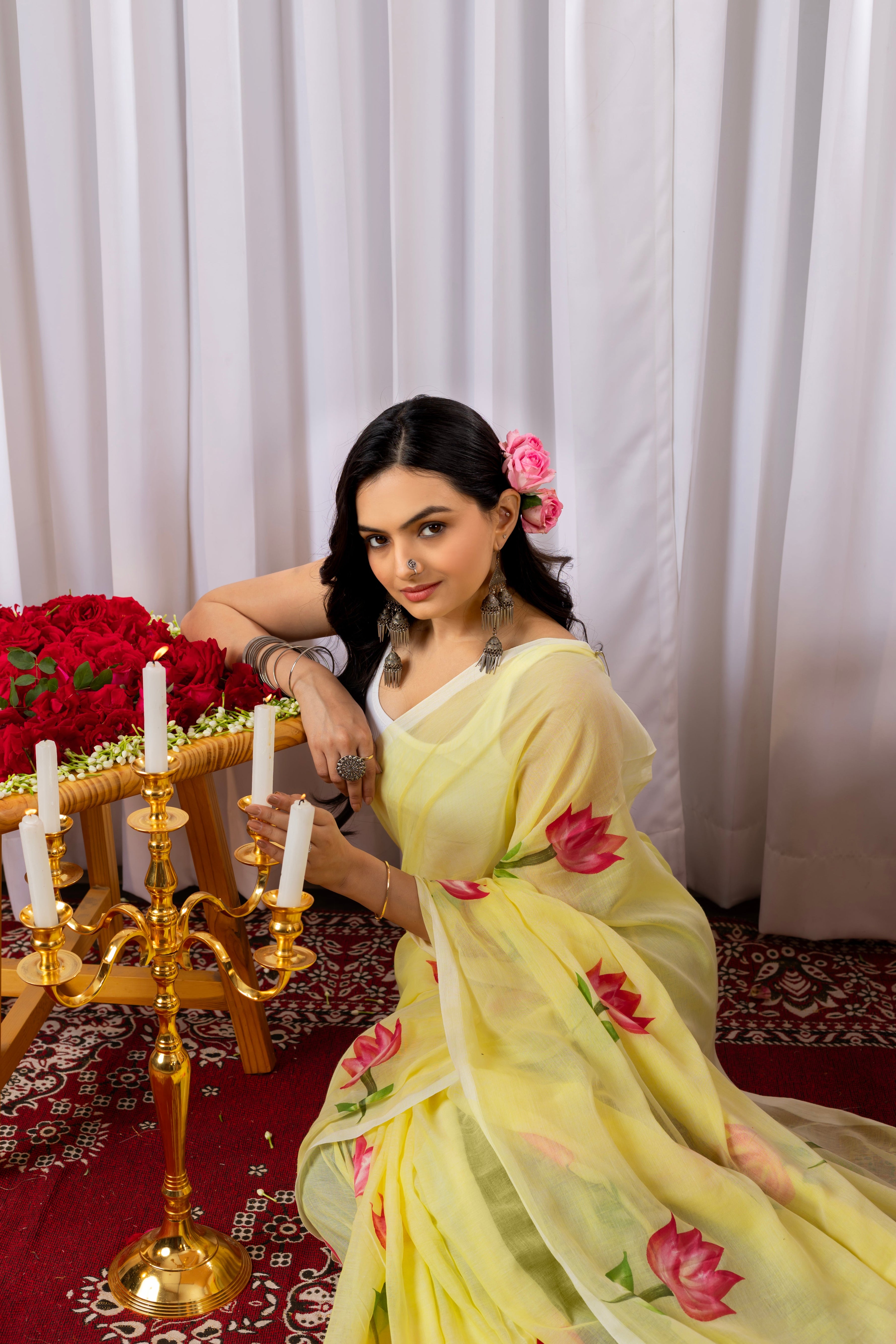 G U L K H A I R || Mull Cotton Saree with Hand Paint – Ethnic Saroj